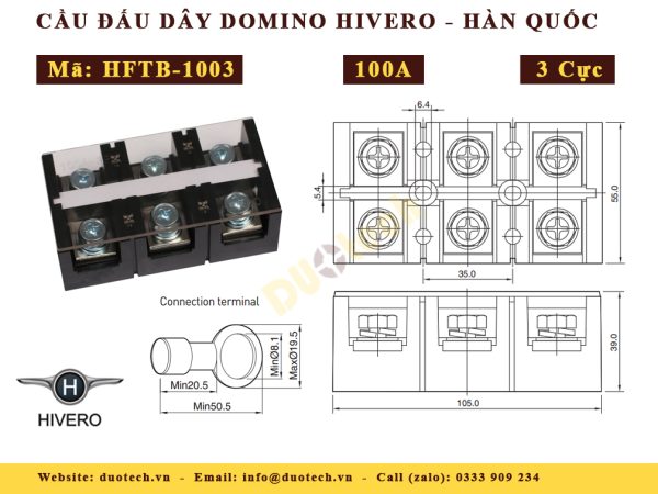 Cầu đấu dây điện Hivero HFTB-1003 Domino 100A 3 Cực Hivero