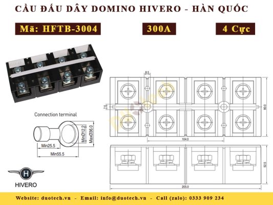 Domino 300A 4 cực Hivero HFTB-3004 Cầu đấu dây điện Hivero