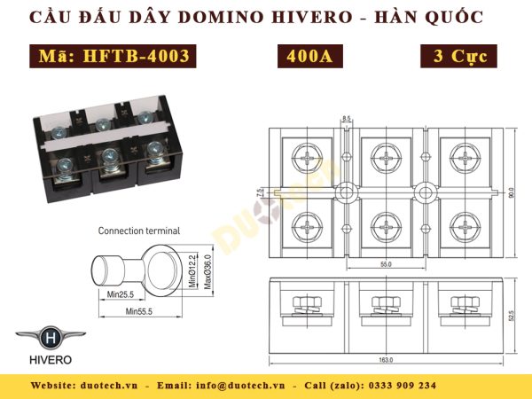 Cầu đấu 400A Hivero HFTB-4003 Domino 400A 3 Cực