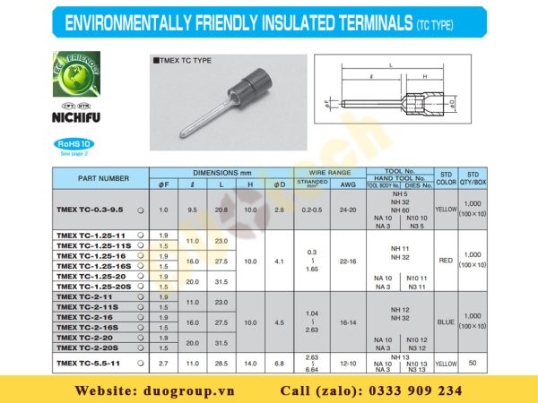 Đầu cosse Pin TMEX TC Nichifu có bọc nhựa thân thiện môi tường