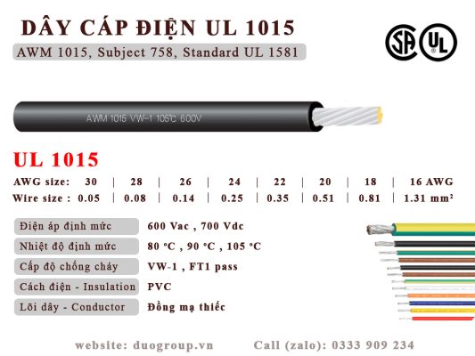 AWM 1015 VW-1 105C 600V 750Vac Cable wire Dây cáp điện UL
